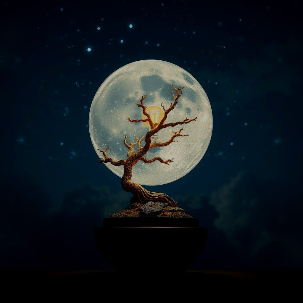 Beautiful starry night - Surreal Glass Bonsai Moon Star Lam...