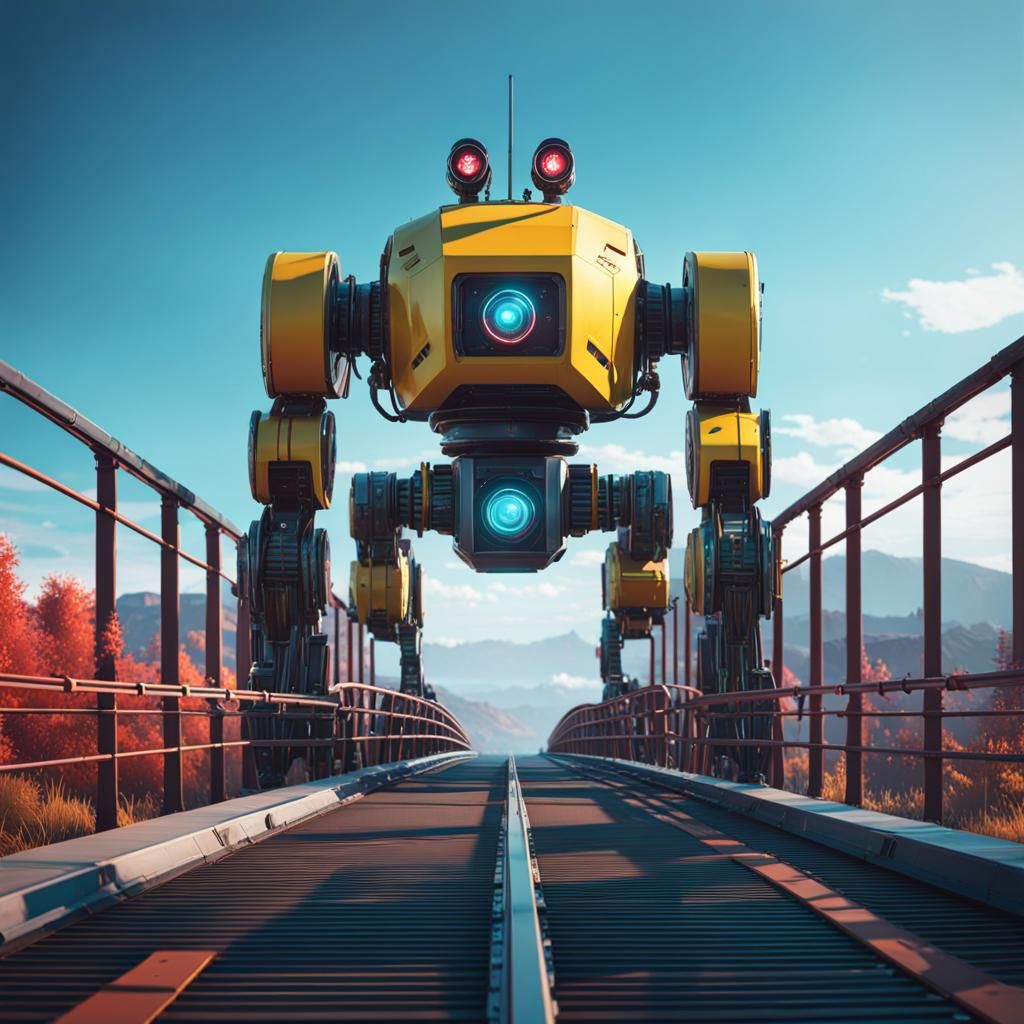 Robot crossing a bridge, sideview, colorful style, simon stalenhag ...