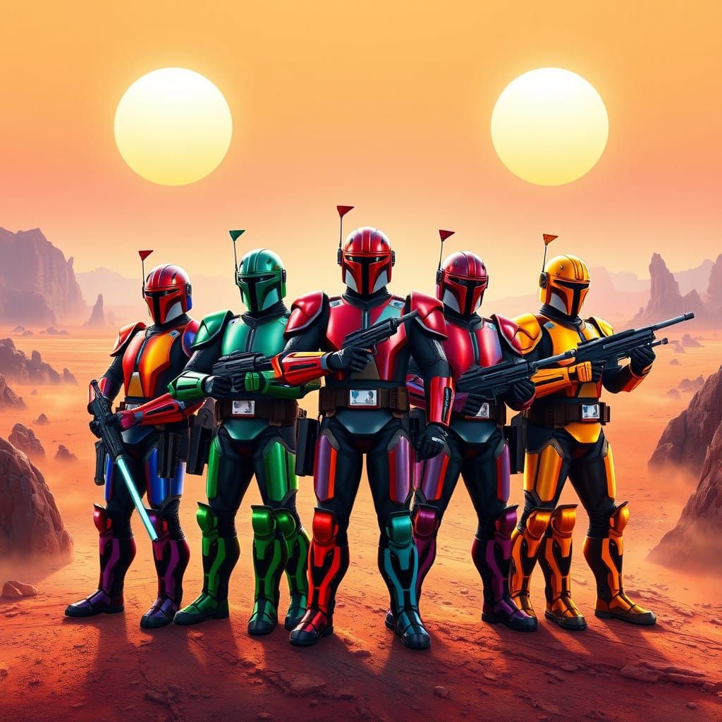 Heroes in Vibrant Mandalorian Armor Stand United - AI Art