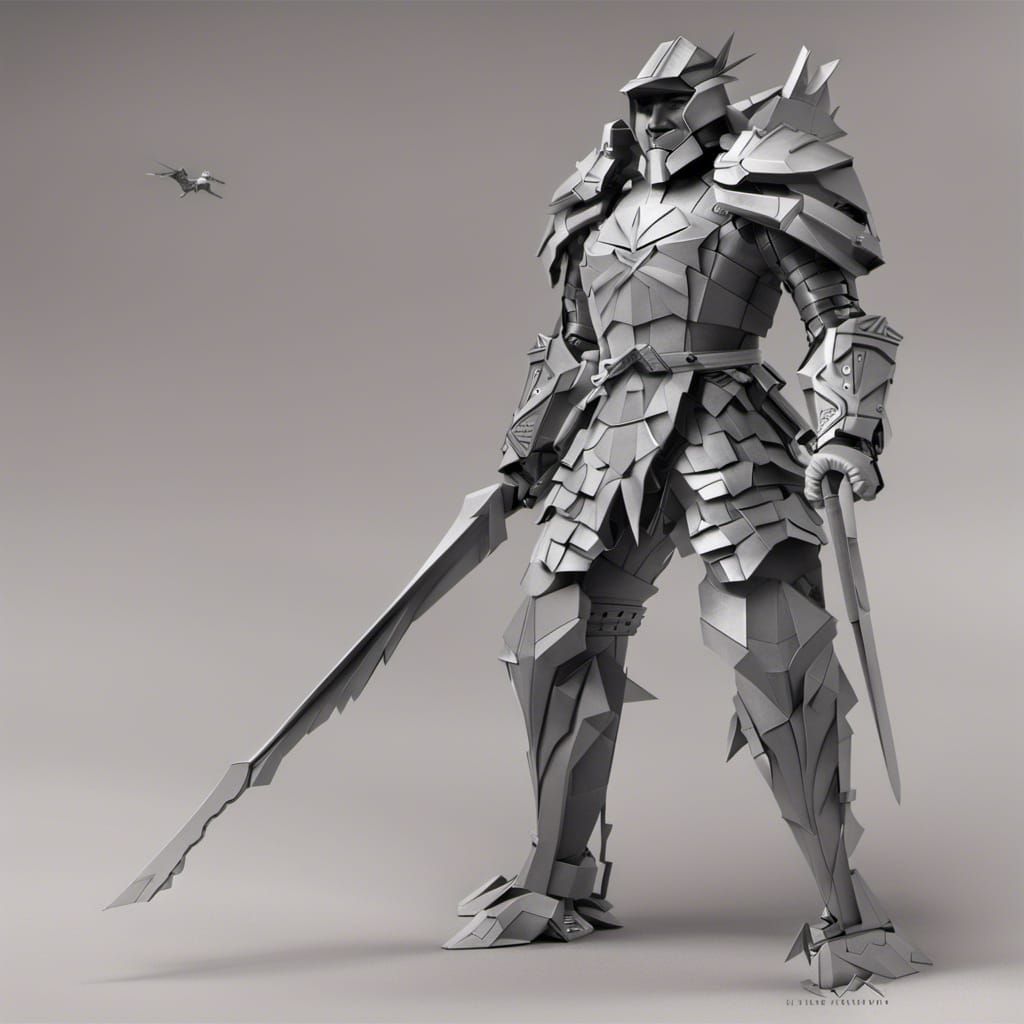 Origami temple knight warrrior, with sword drawn, side profile,loads of ...