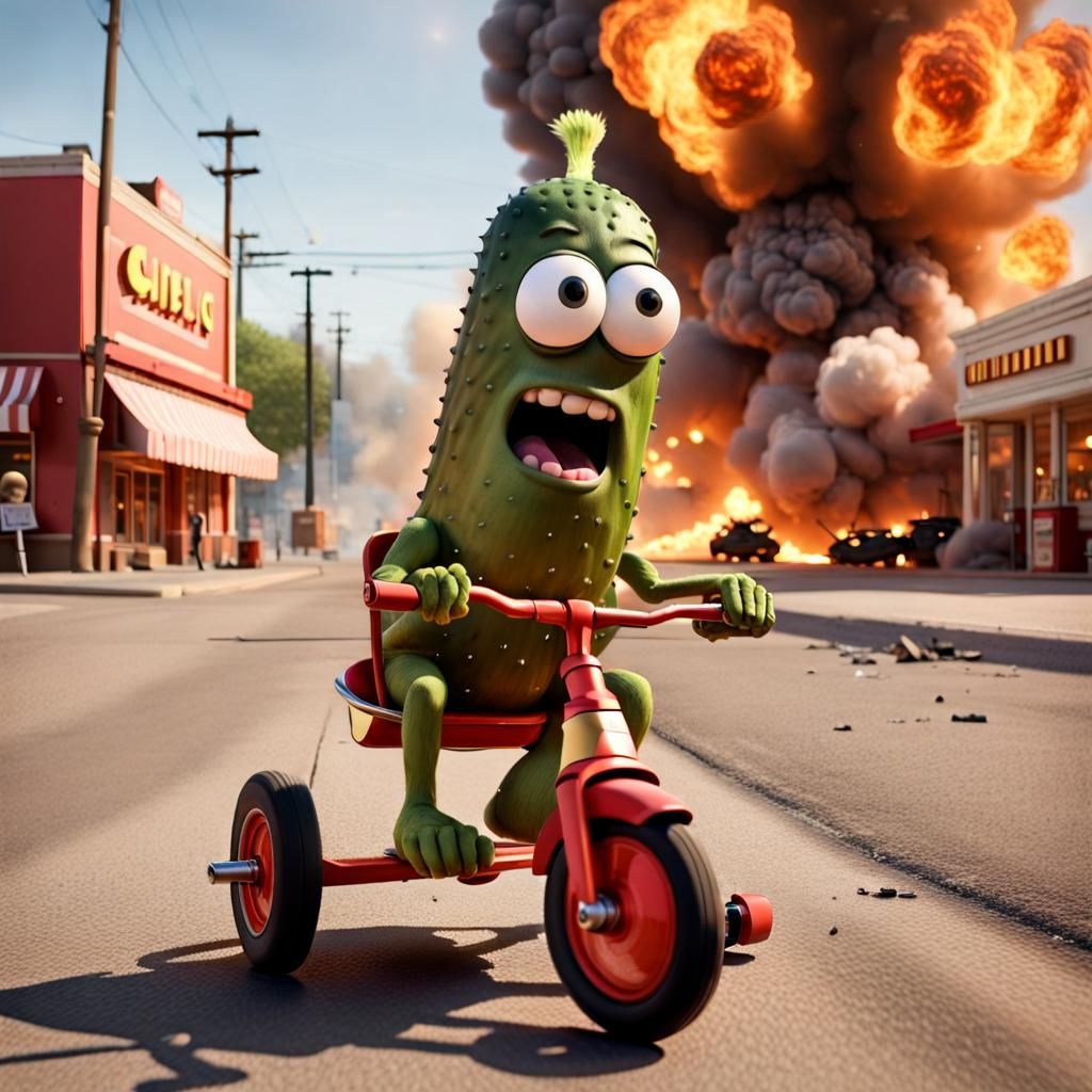 Pickle Panic - Pickle Hero on Tricycle in Wes Anderson Style