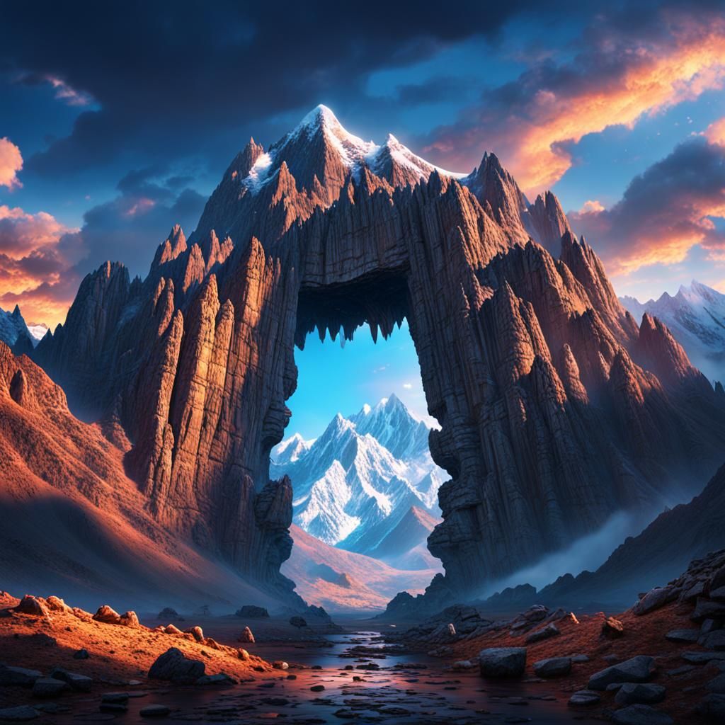 Ominous glowing mountain portal into hidden valley Shangri-la made of ...