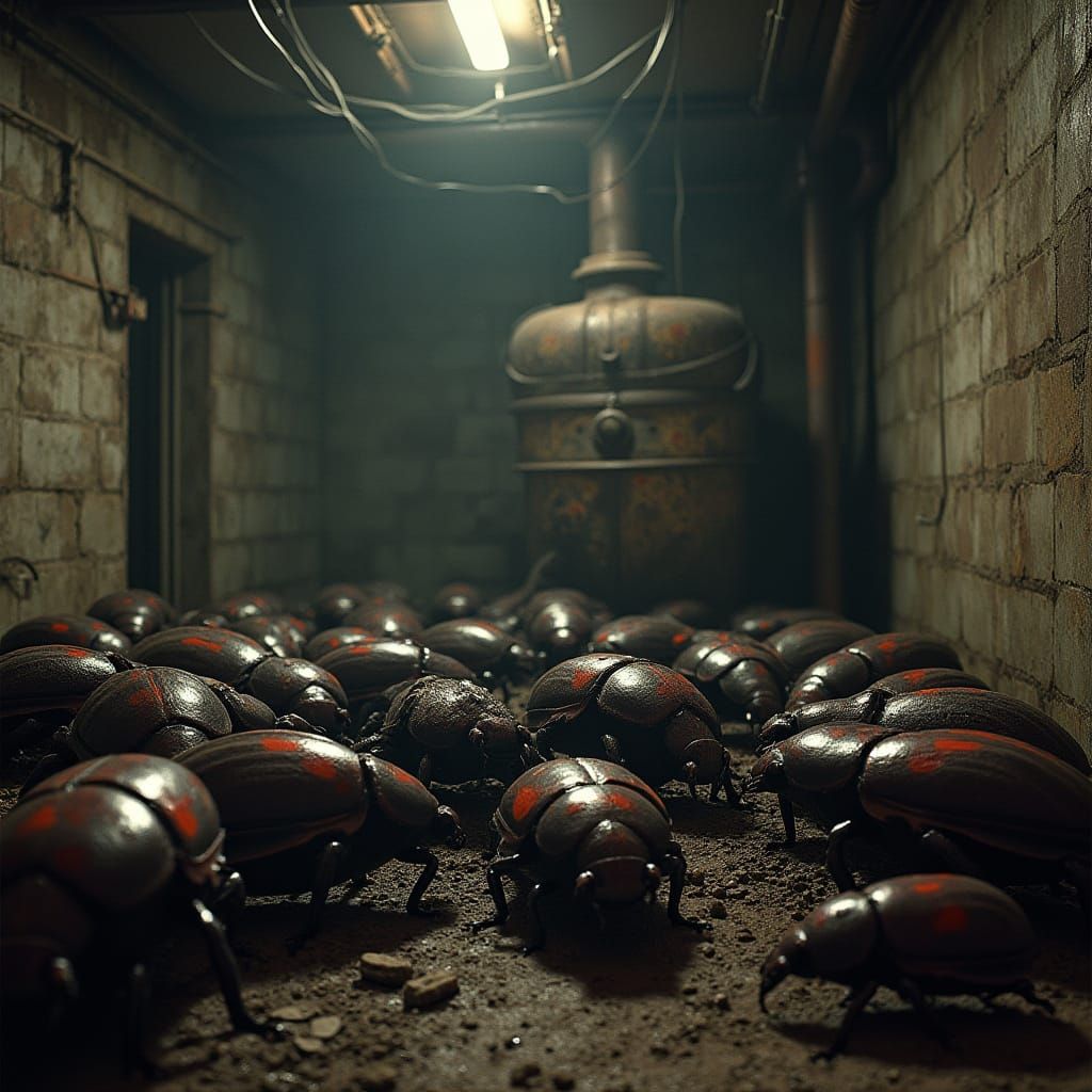 Giant Beetles Swarm in Rundown Basement: Hyper-Rea... - AI Art
