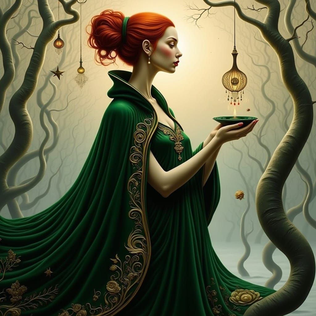 Alathea - Surreal Winter Goddess in Fiery Velvet Cloak