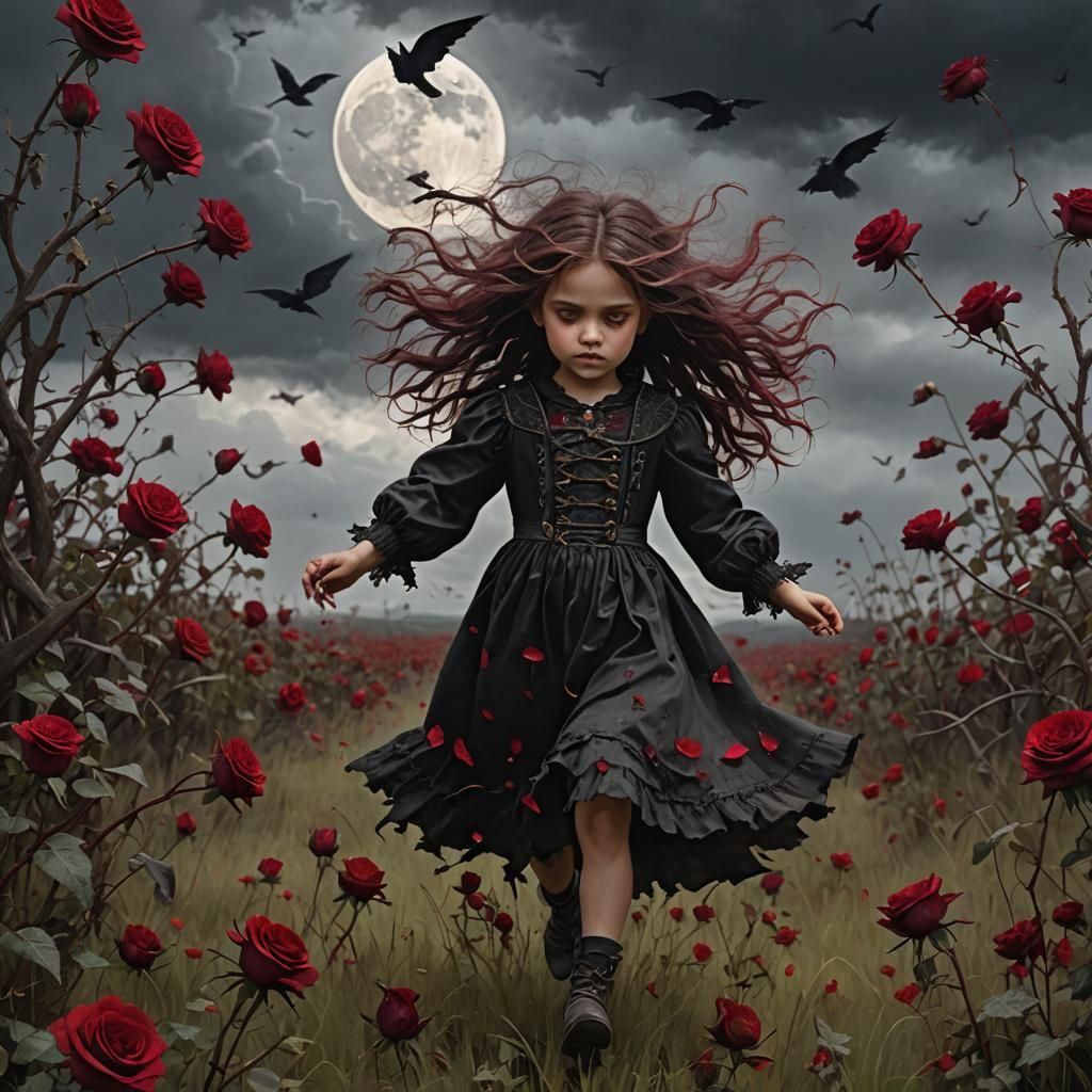 A small, gothic child, dressed in ragged, thorn-torn dark clothes ...