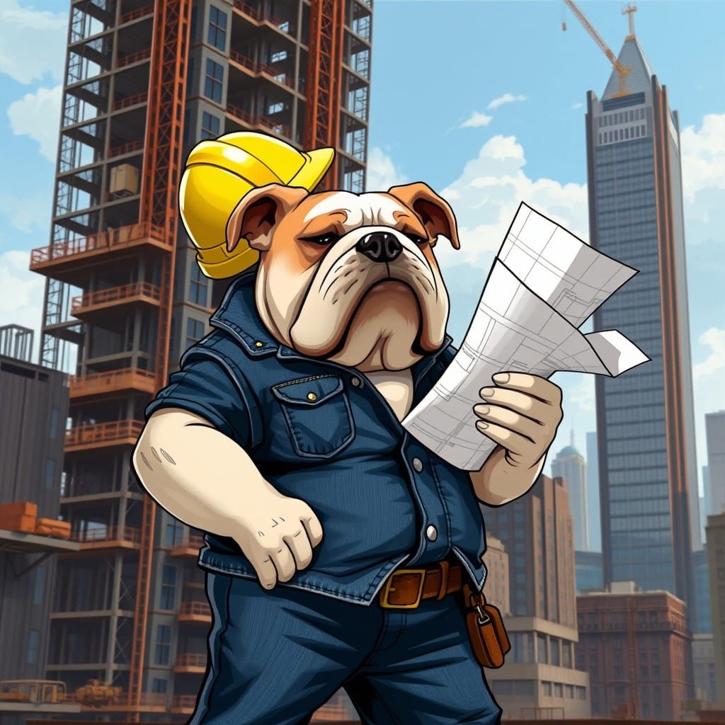 Rugged Bulldog Construction Worker in Industrial L... - AI Art