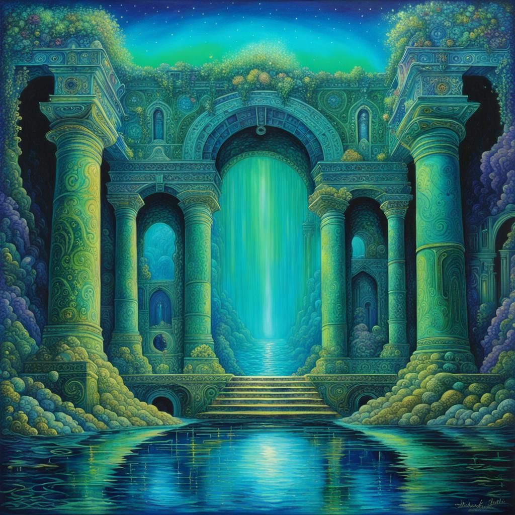 The underwater ruins of Atlantis in a thousand shades of blue and green ...