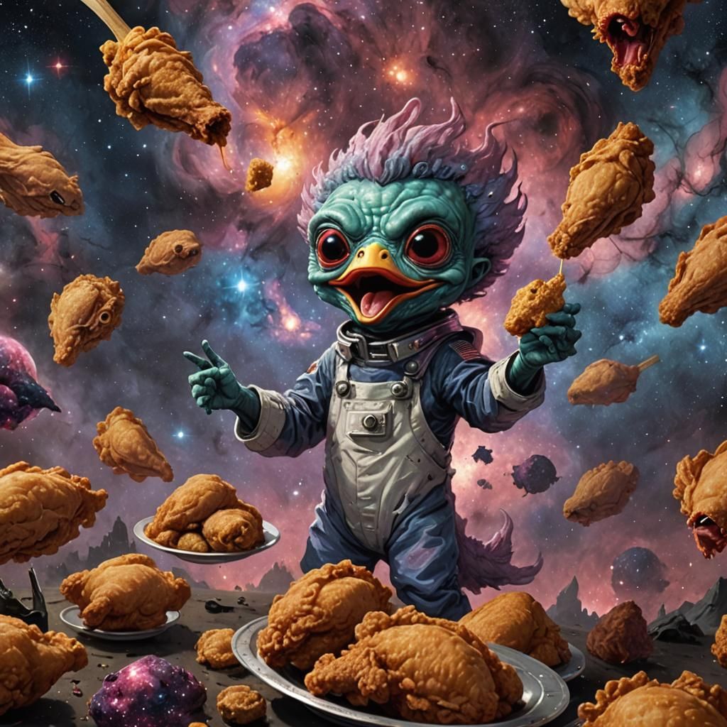 "Alien eating chicken nuggets" - AI Generated Artwork - NightCafe Creator