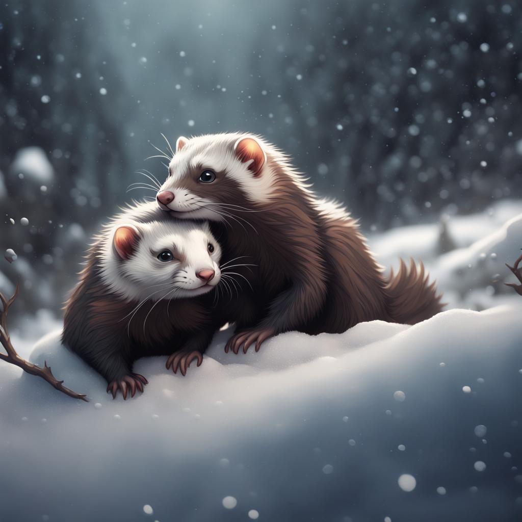 ferret hugging another ferret in the falling snow - AI Generated ...
