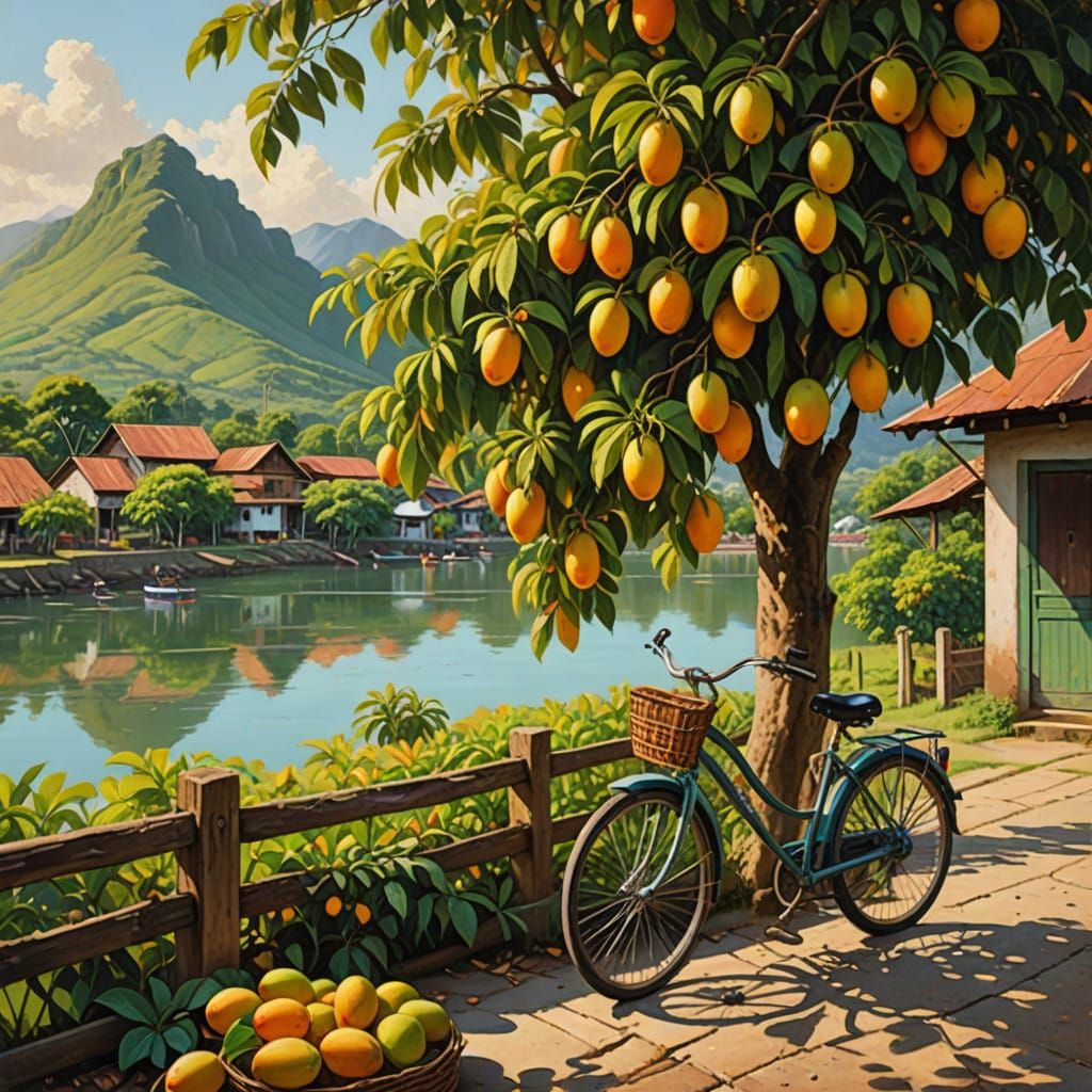 Serene Lakeside Village with Lush Mango Tree in Ro... - AI Art