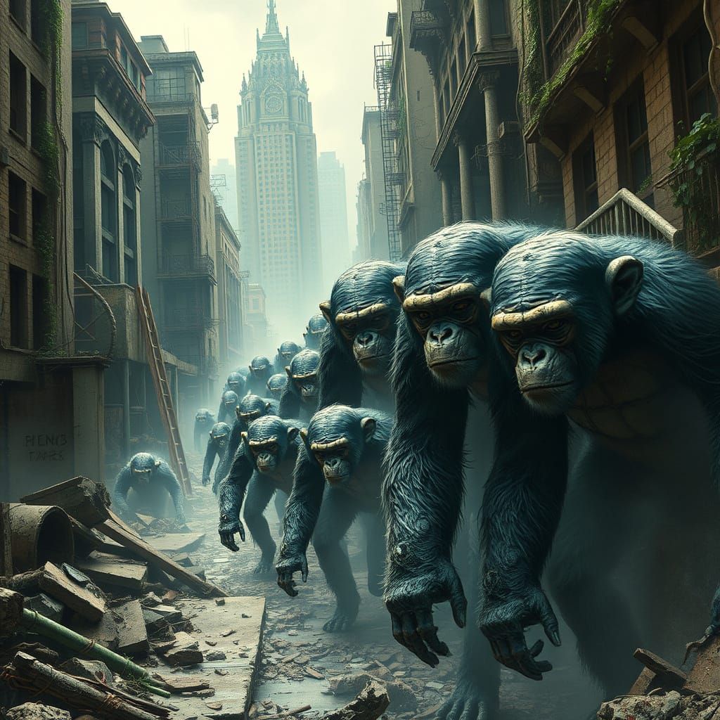 Dystopian Metropolis Overrun by Intelligent Apes i... - AI Art