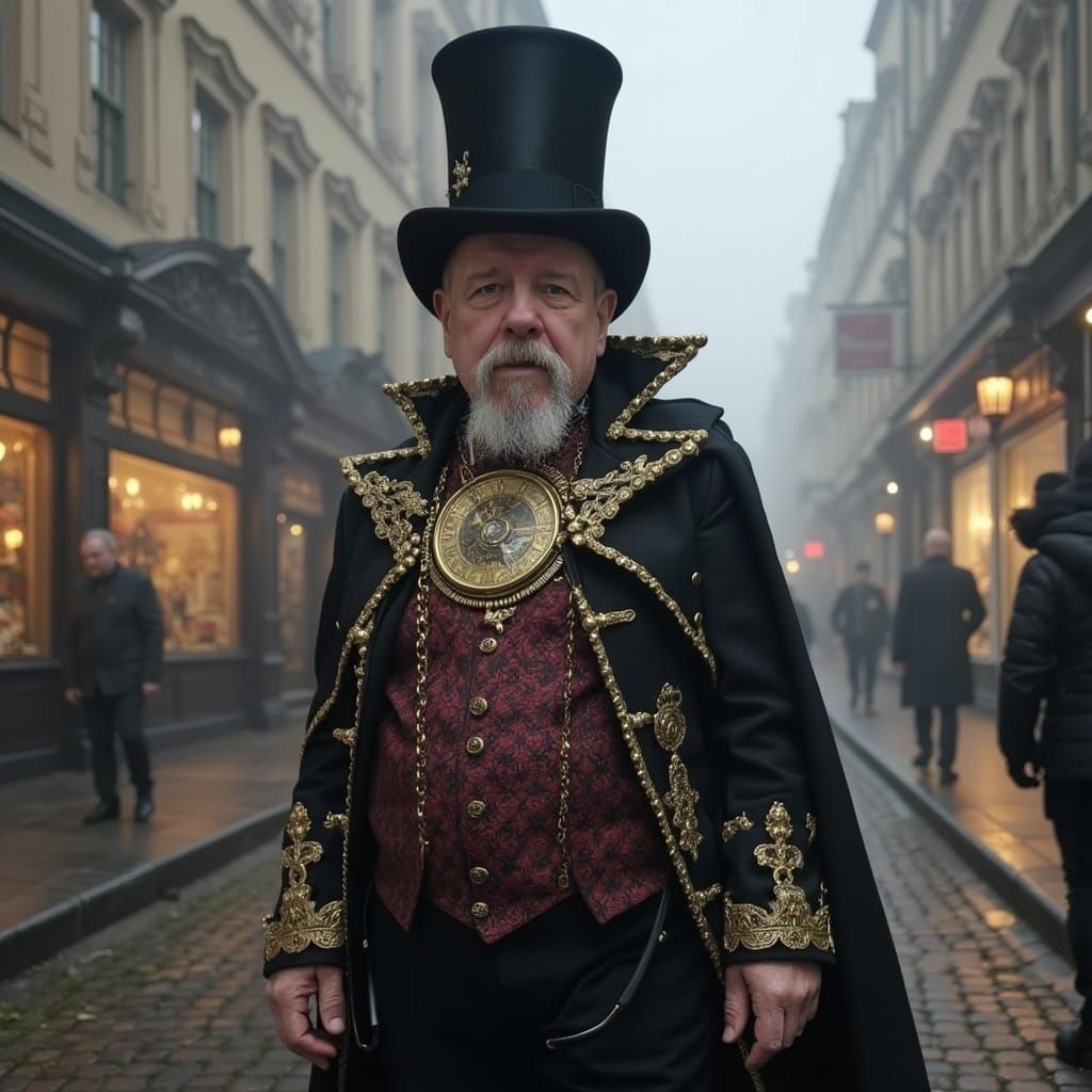 Person dressed as a Victorian timelord, elaborate coat and top hat ...