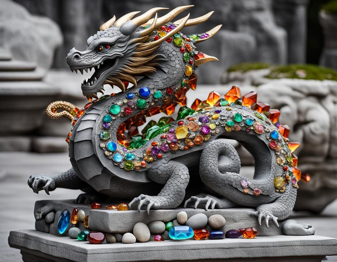Stone statue of a dragon with multicolored gemstones embedded in the ...