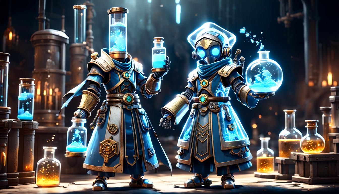 magical test tube vial, robot alchemist mage holding a container ...