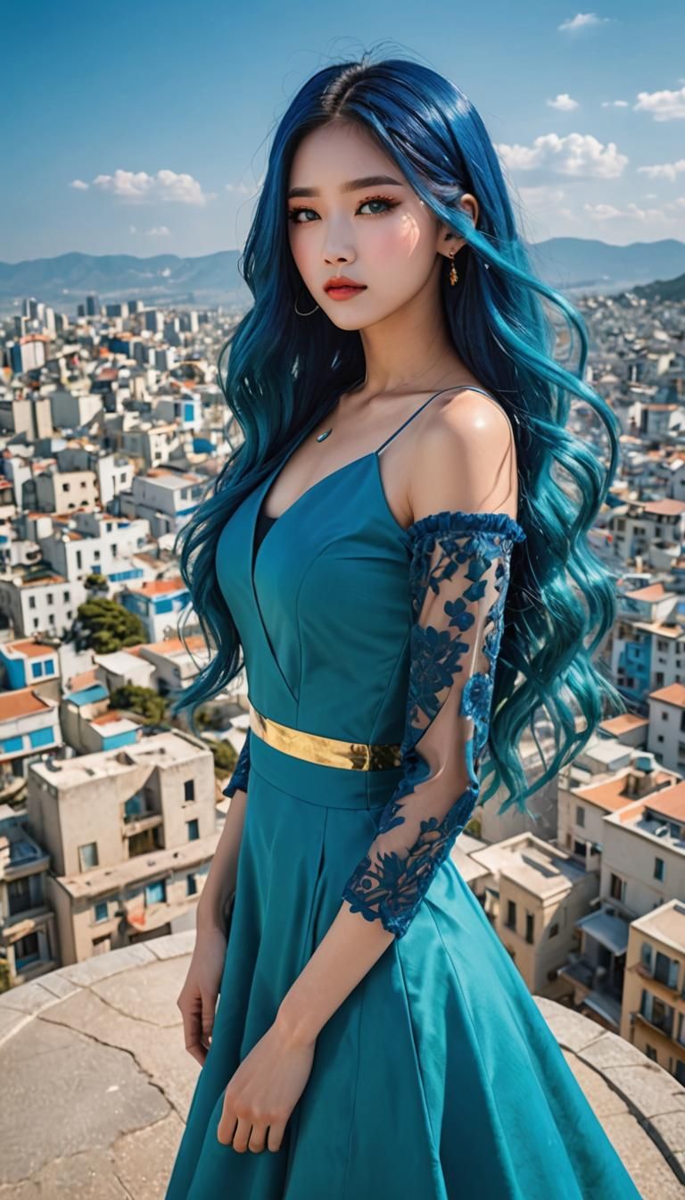 A full body look of young girl, oriental oval face, cobalt blue colored ...