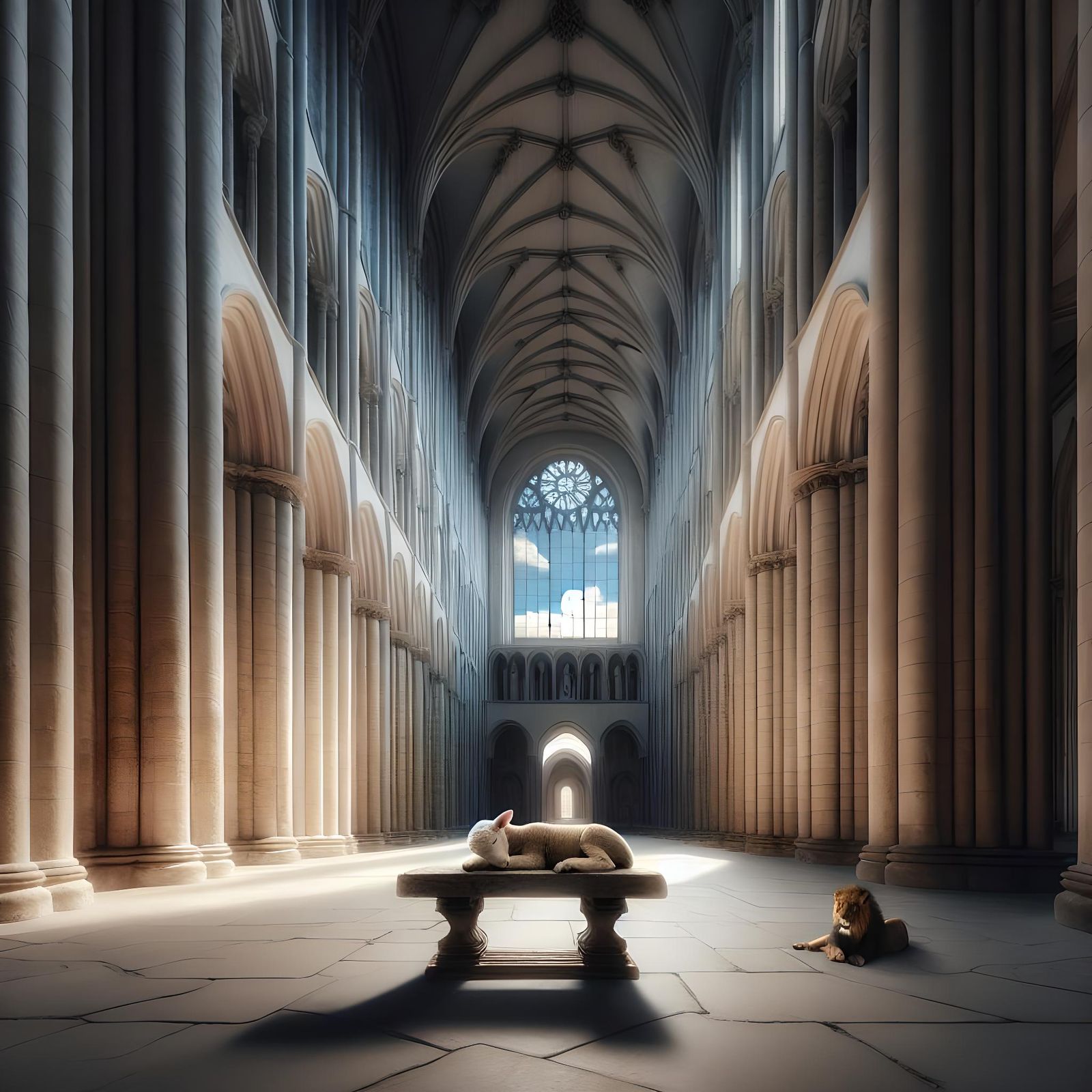 a plain empty cathedral nave with high columns. in the back is a big ...