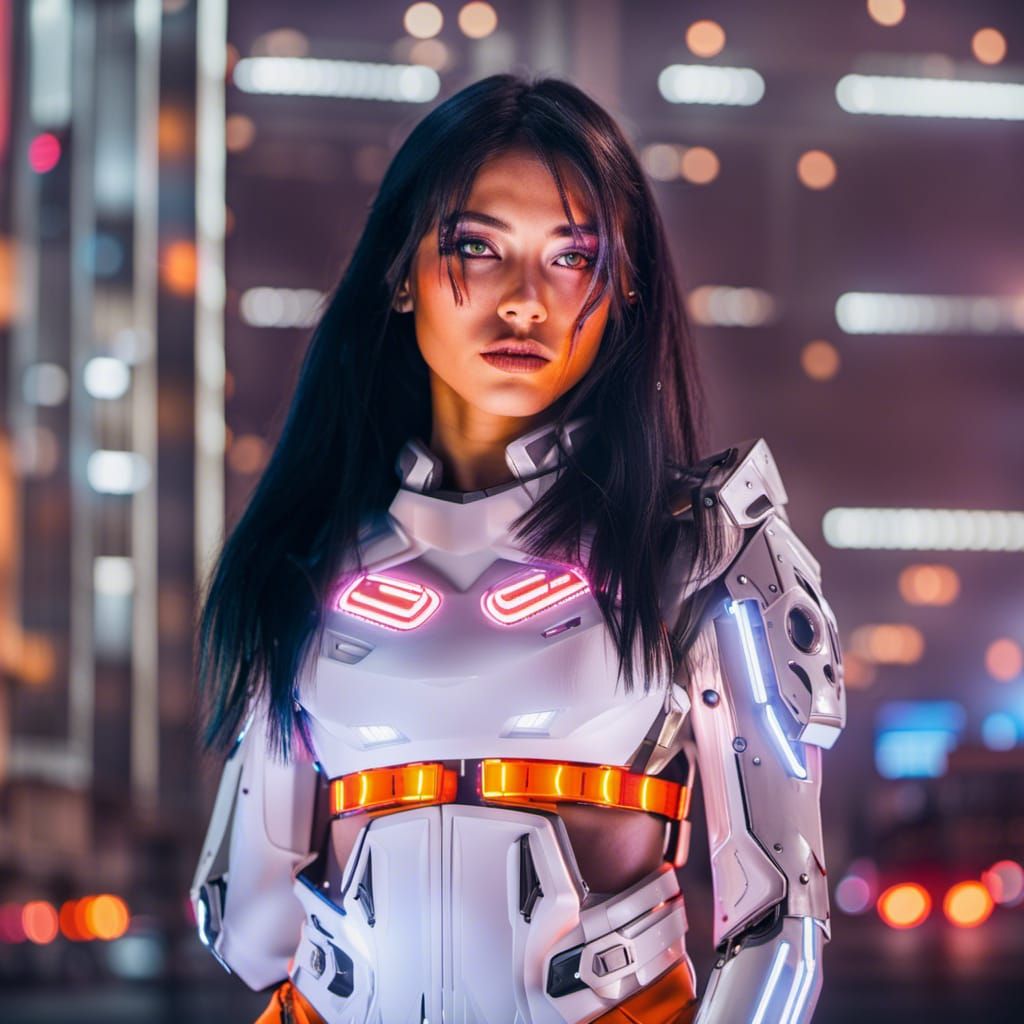 Portrait of a cyborg girl wearing futuristic face armor in a neon city ...