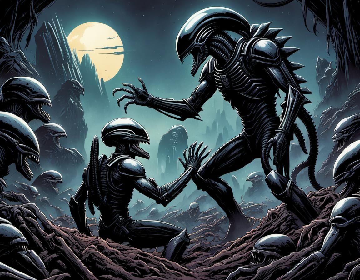 two xenomorphs sharing perfect high five while standing on a large pile ...