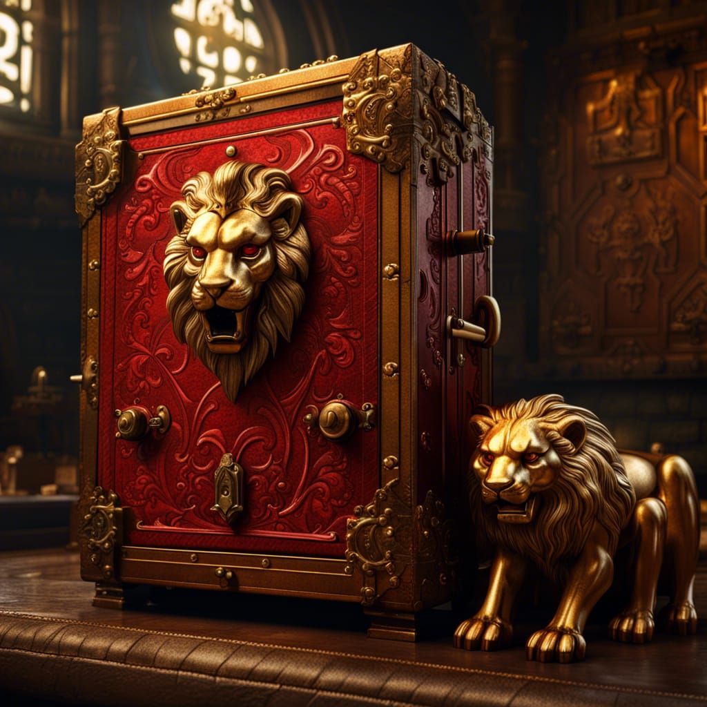 large red and golden lockbox with lions engraved on it in a medieval ...