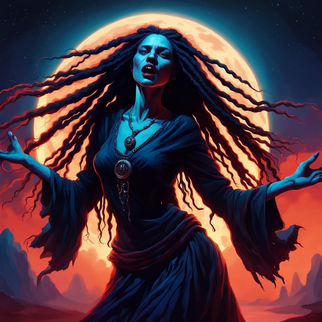 ancient vampiric witch with long dreadlocks dancing in the moonlight ...