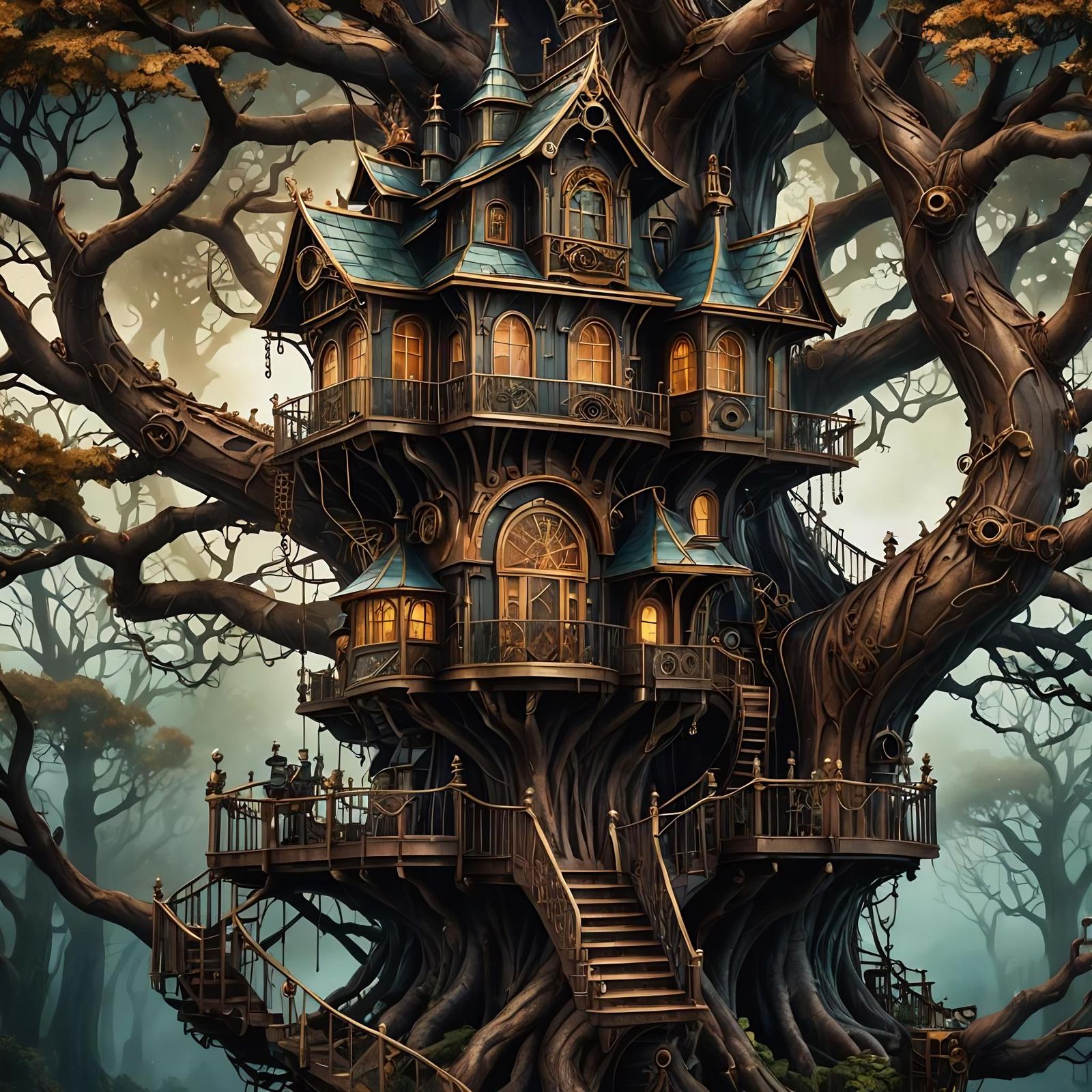 Steampunk Treehouse - AI Generated Artwork - NightCafe Creator