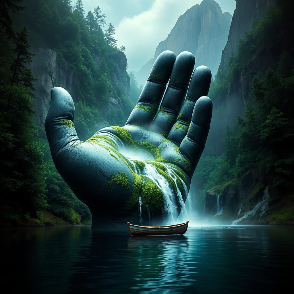 Colossal Hand Holds Majestic Waterfall in Verdant ... - AI Art