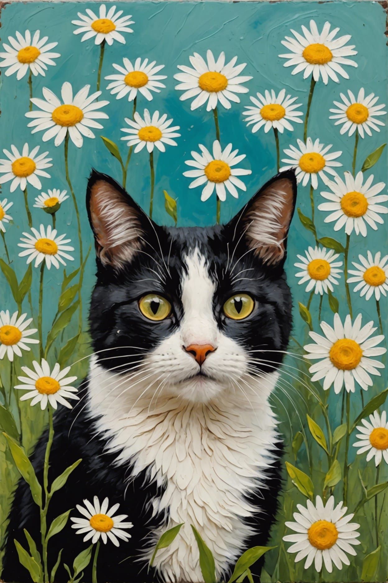 Cat, daisies, encaustic - AI Generated Artwork - NightCafe Creator