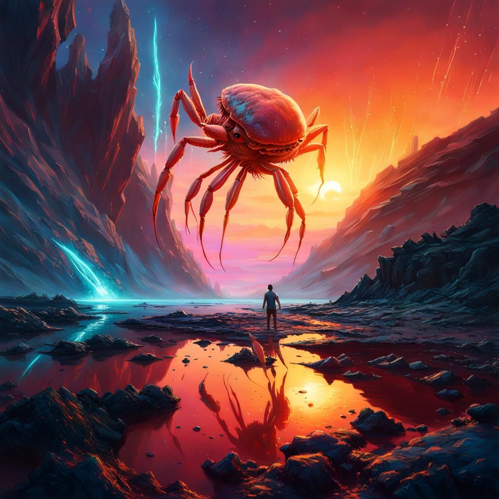 baby alien crab splashing in neon water on alien planet underneath an ...
