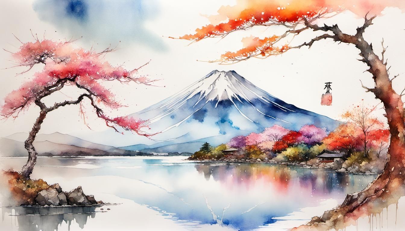 Mt Fuji watercolor - AI Generated Artwork - NightCafe Creator