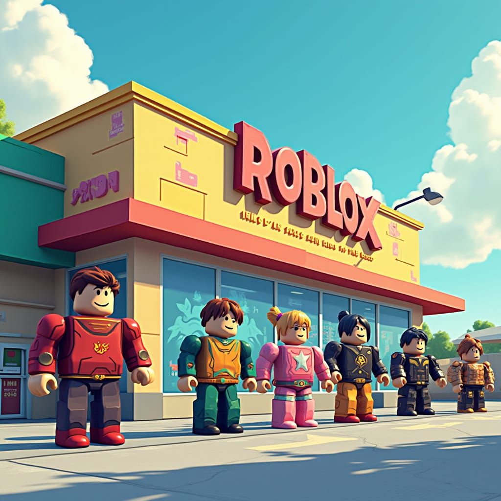 Blocky Roblox Characters Queue Up Outside a Bright... - AI Art