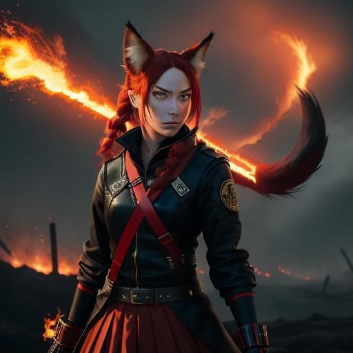 female cat girl, fire explosion, bomb, black and red skirt, windy ...