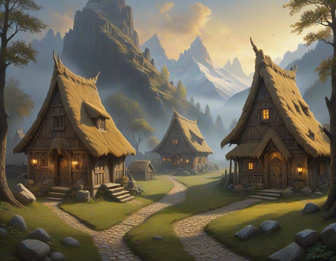 Ancient Germanic Village under Snow-Capped Peaks i... - AI Art