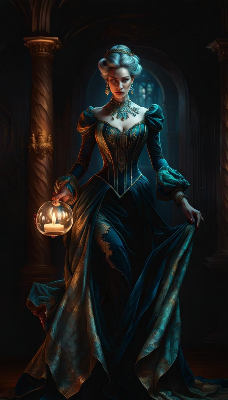 Borrowed Prompt: A beautiful woman wearing a ball gown made of prints of the world map in a ...