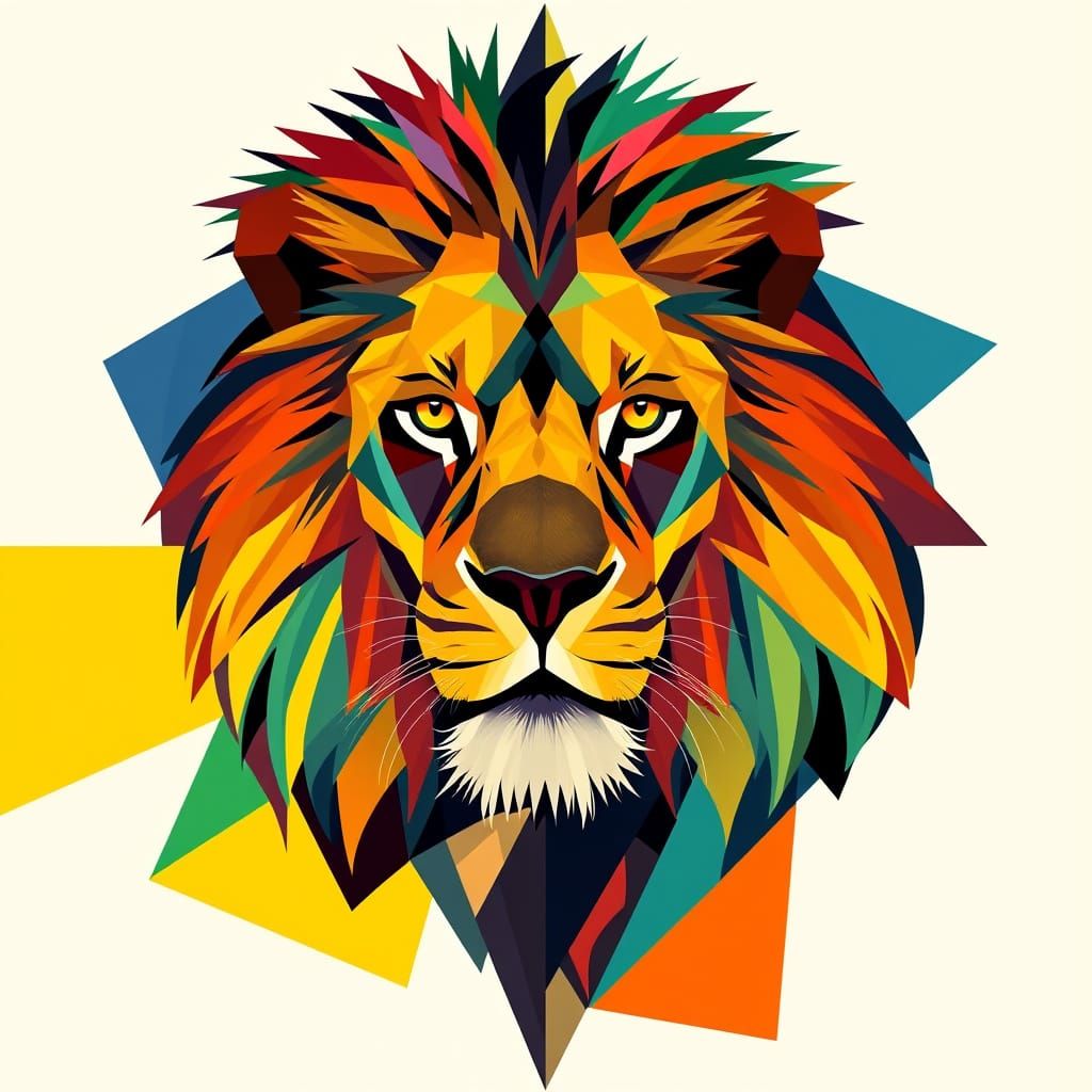 Cube lion art - Angular Lion Cubist Art in Vibrant Geometric...