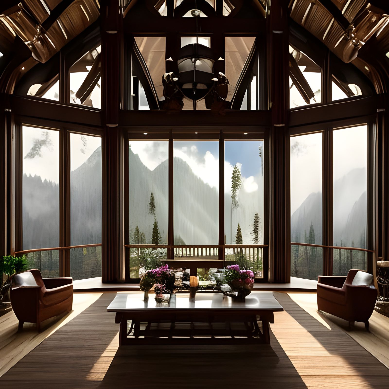 big windows, mountain forest lodge interior, Epic cinematic brilliant ...