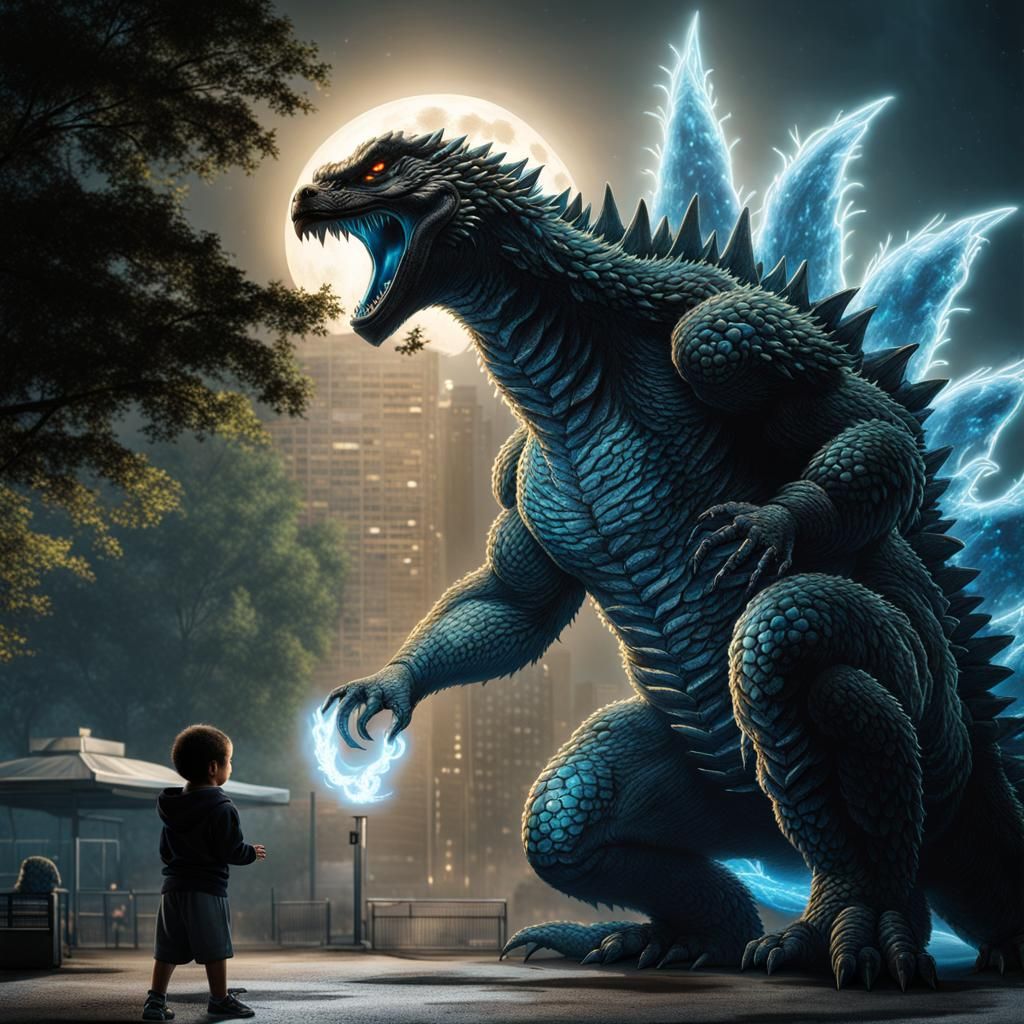 Boy and Godzilla - AI Generated Artwork - NightCafe Creator