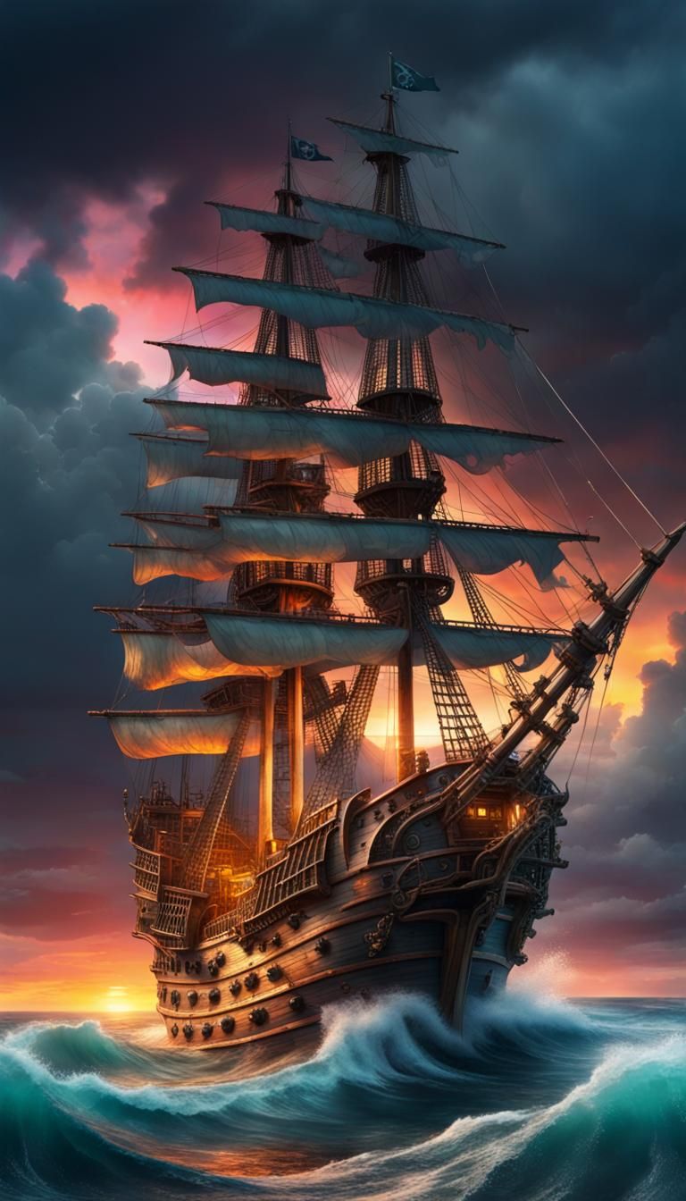 A hyper-detailed maximalist wonderful old pirate ship in the stormy ...