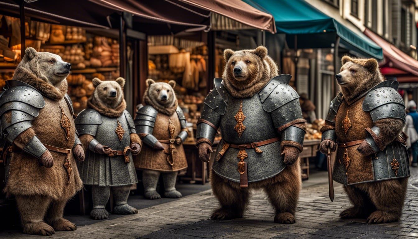 Medieval Bears in knights' armor, Standing in Market Street - AI ...