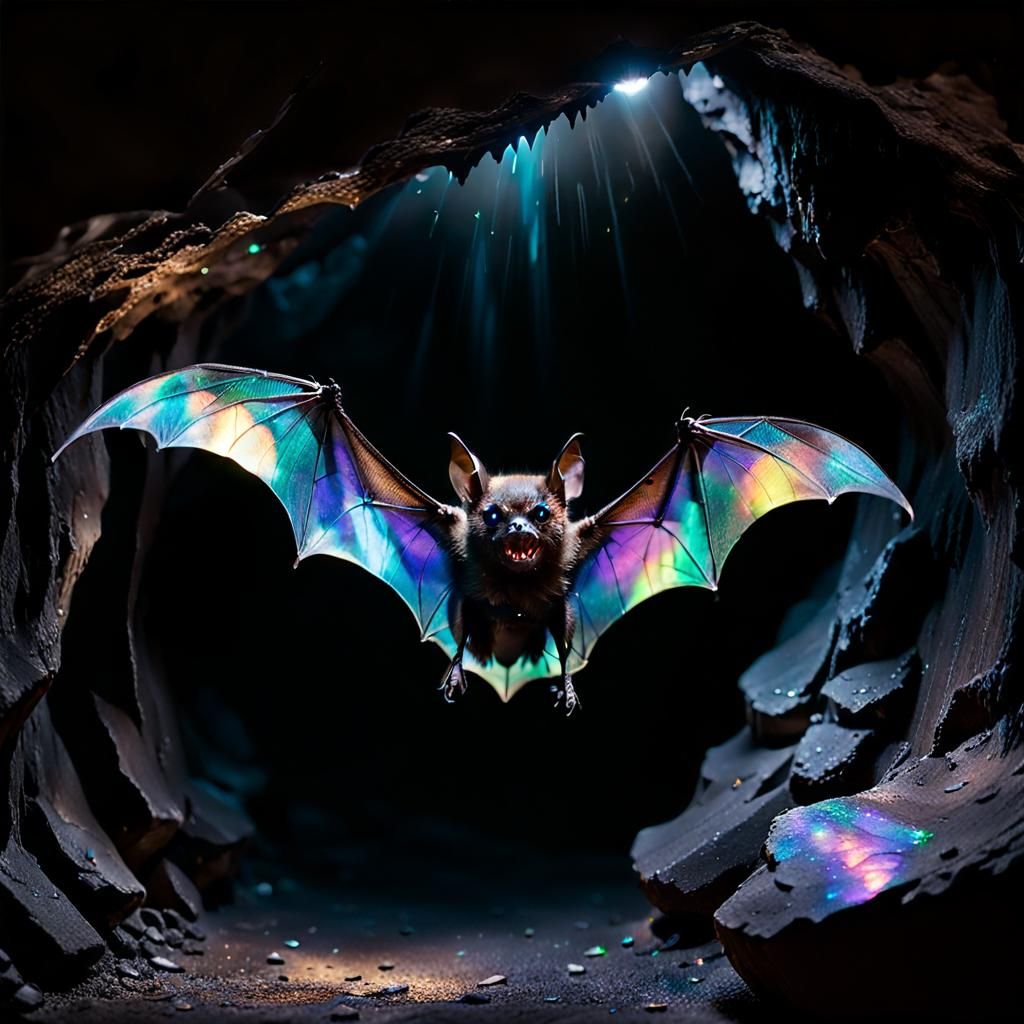 cute flying bat with Iridescent wings, flies through a very dark cave ...