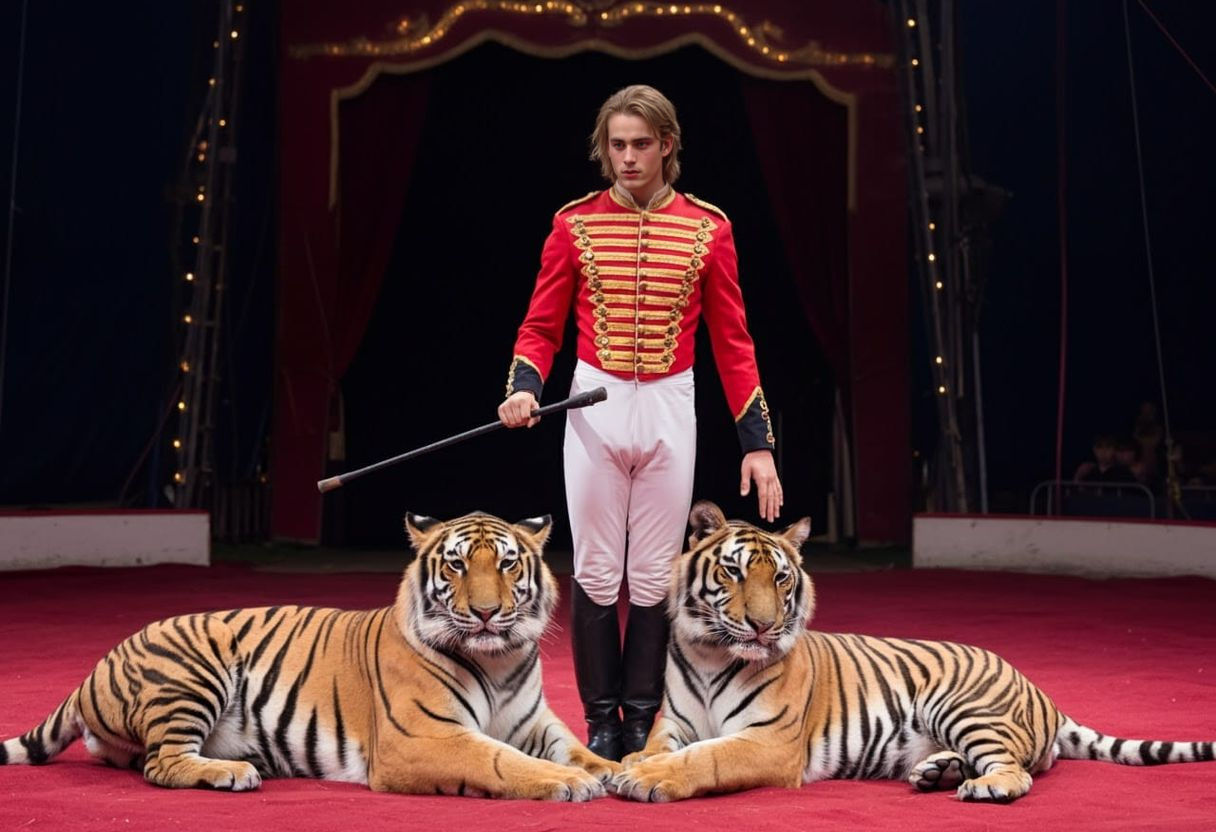 Tiger times two - Circus Ringmaster and Tigers, Professional...