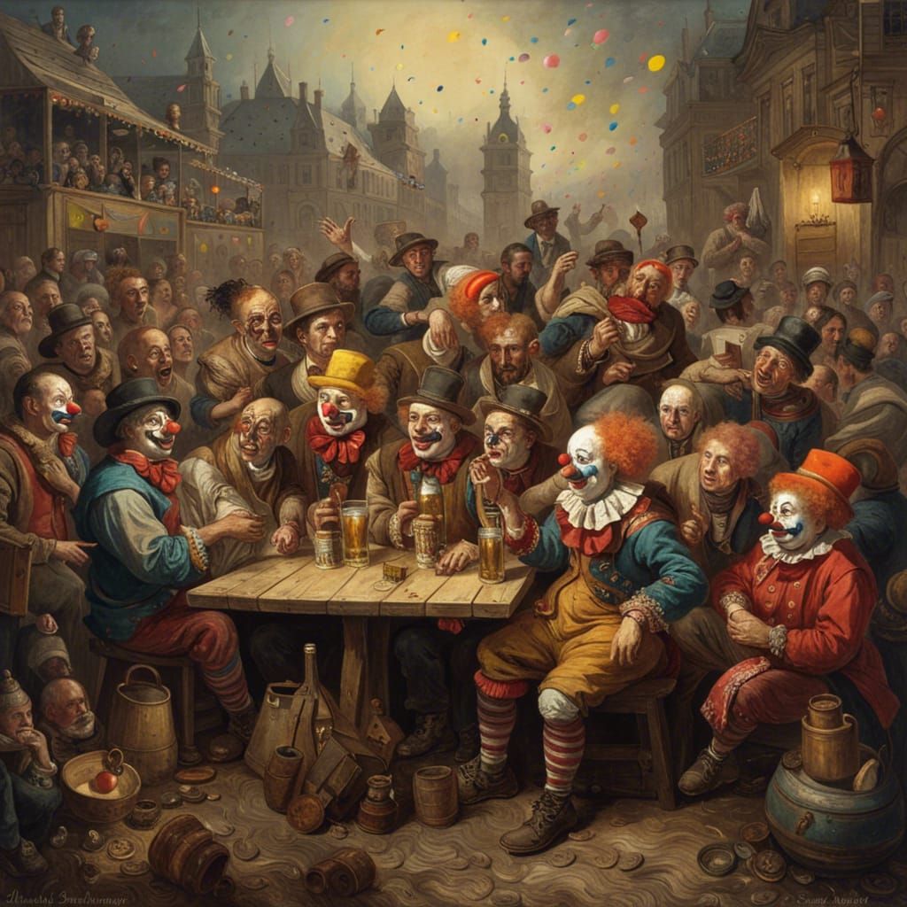 A crowded clown square, clowns drinking beer at clown festival - AI ...
