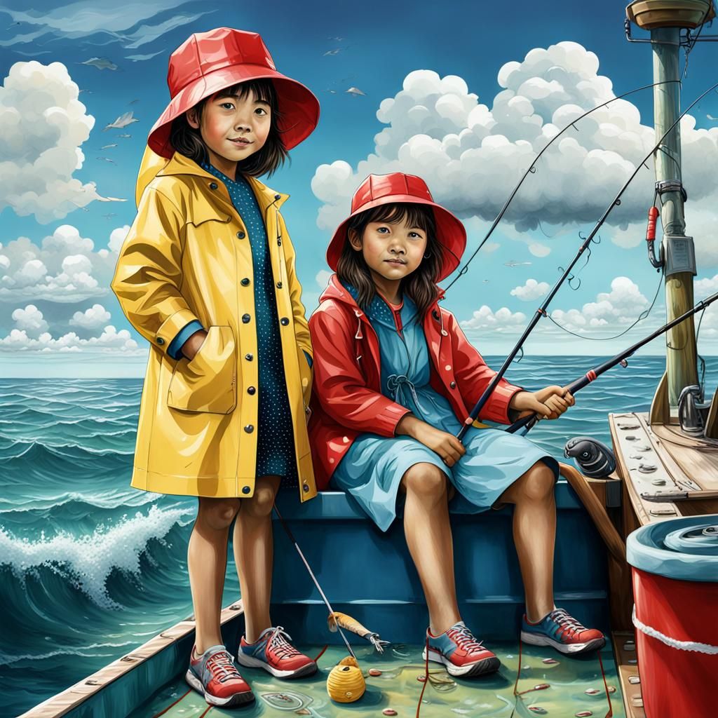 Two 8 year old girls wearing raincoats with fishing rods. - AI ...