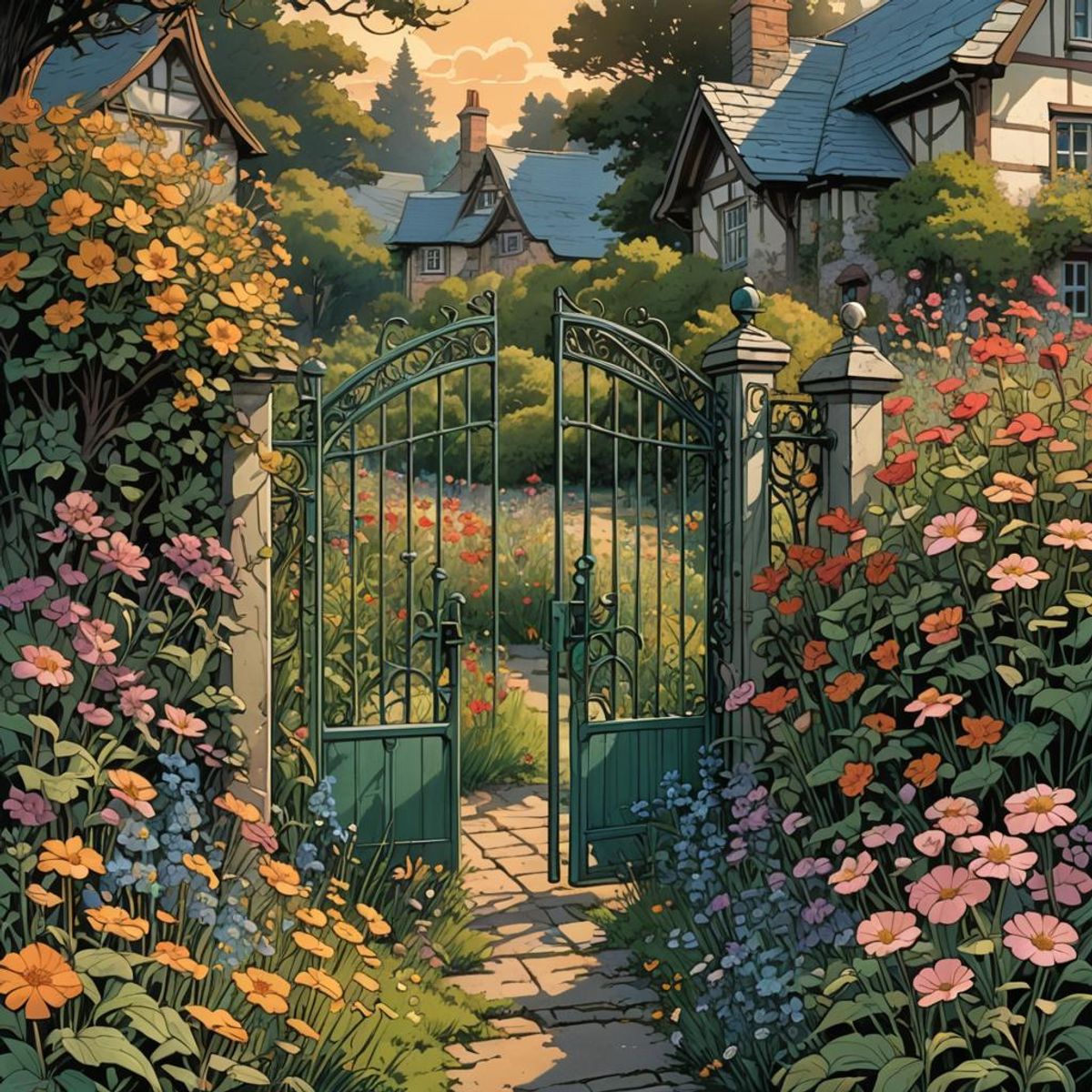 Art nouveau garden gate in front of a cottage, wildflowers, early ...