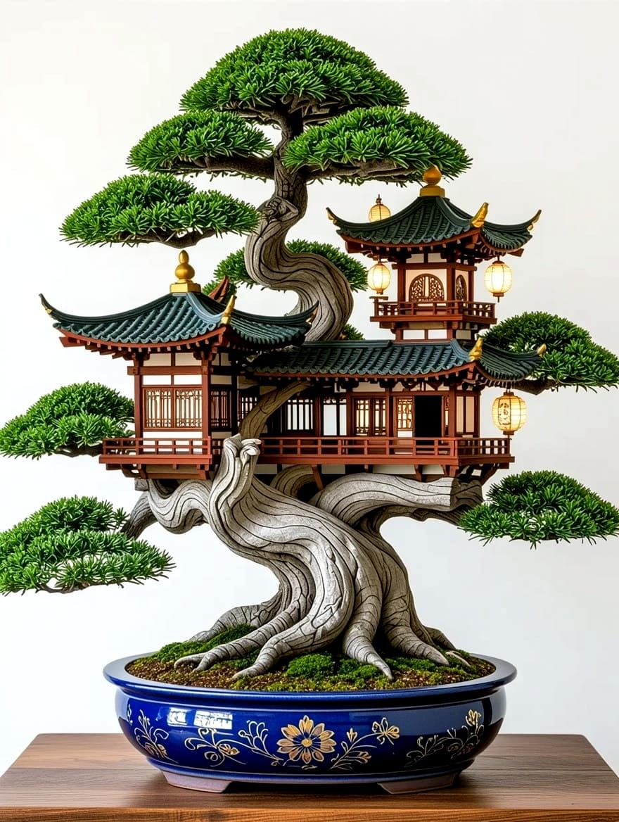 An ancient miniature Japanese tree with a meticulously sculpted ...
