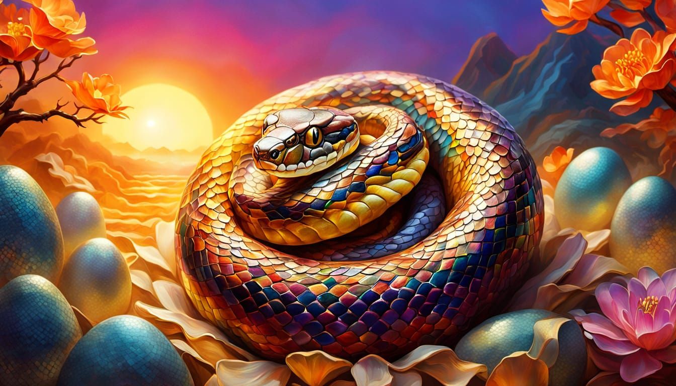 Snake Emerges from Golden Egg in Vibrant Sunrise - AI Art