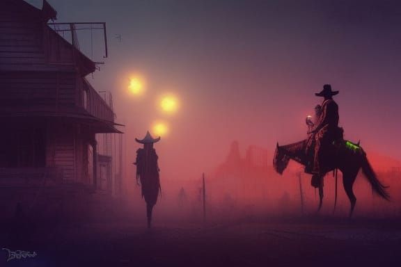 Cowboys watching Flying saucers invade a western ghost town. detailed ...