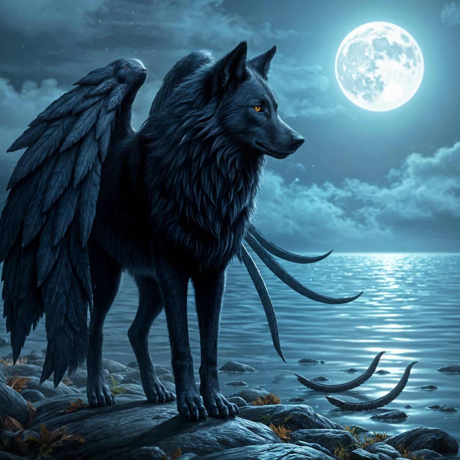 Edgy Winged Wolf - Moonlit Wolf with Wings and Iridescent Fu...