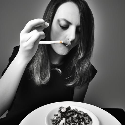 Woman eating pasta and smoking a cigarette with snails - AI Generated ...