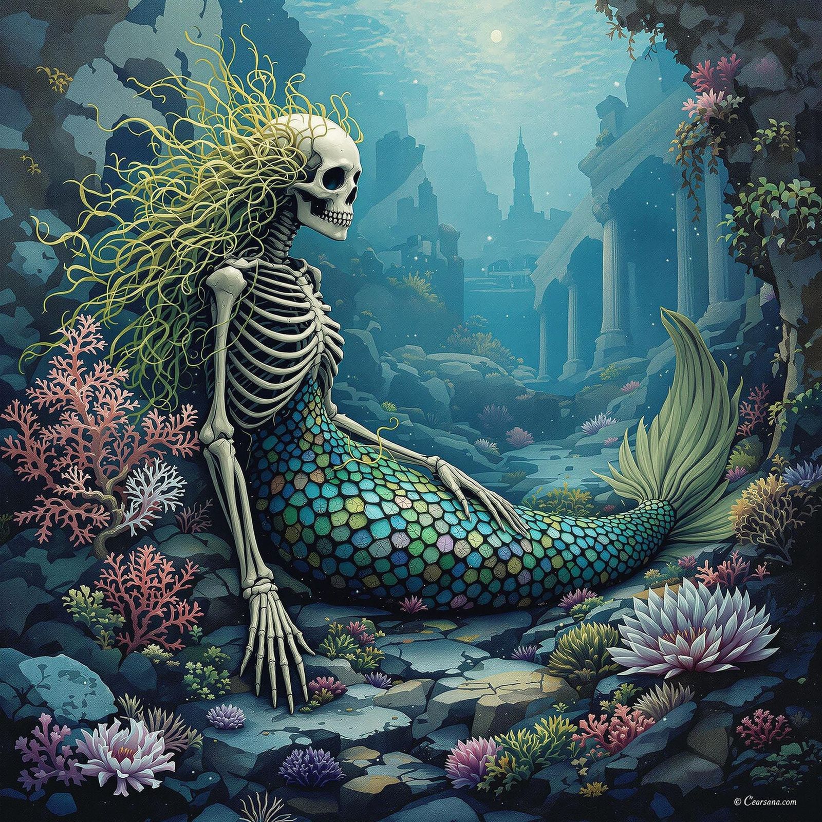 An ancient mermaid skeleton with coral and seaweed growing from it, the ...