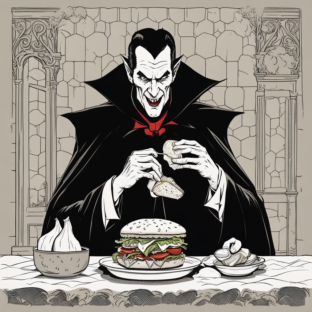 Dracula eating a garlic sandwich - AI Generated Artwork - NightCafe Creator